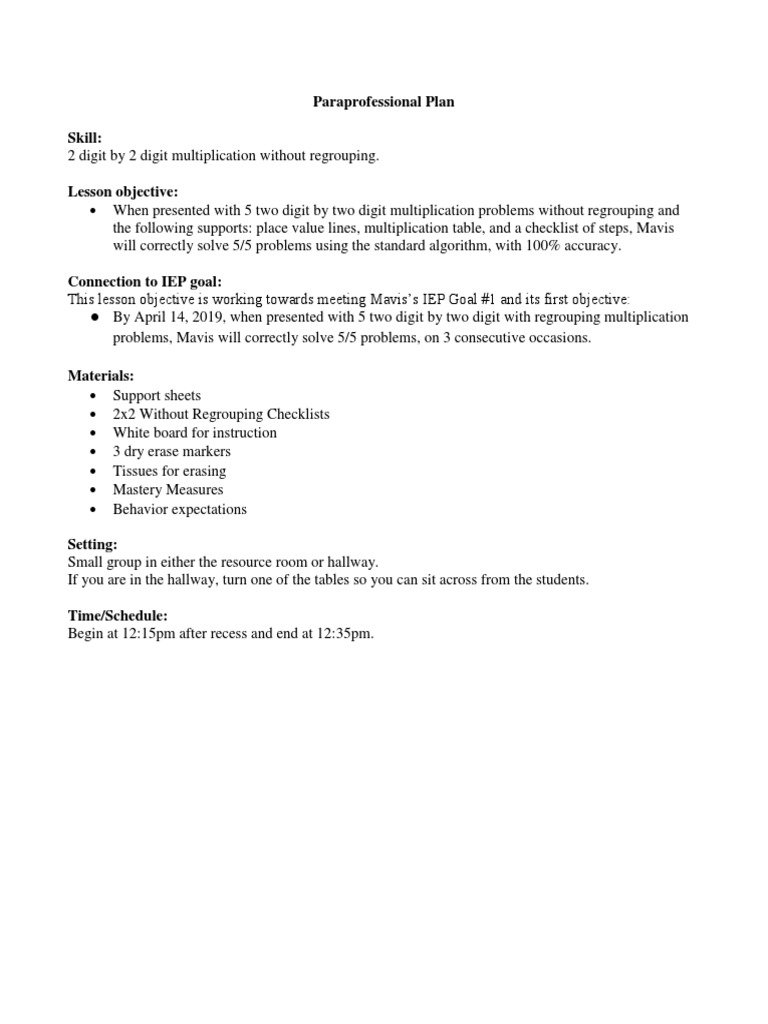Paraprofessional Plan | PDF | Cognitive Science | Behavior Modification