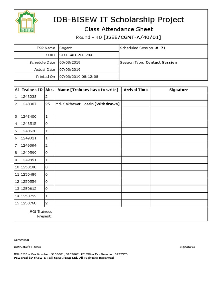 IDB-BISEW IT Scholarship Project: Class Attendance Sheet | PDF