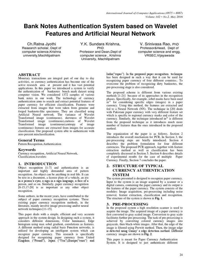 Bank Notes Authentication System Based On Wavelet Features and ...
