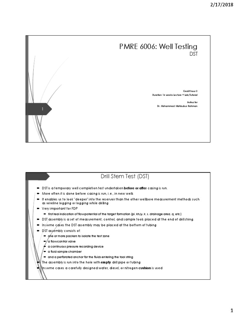 PMRE 6006: Well Testing: Drill Stem Test (DST) | PDF | Casing (Borehole ...