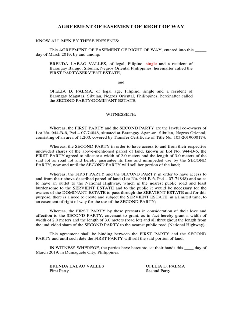 Right of Way Easement Agreement Sample | PDF | Easement | Land Lot