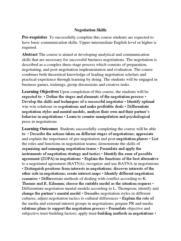 Negotiation Skills Course Outline | PDF | Negotiation | Learning