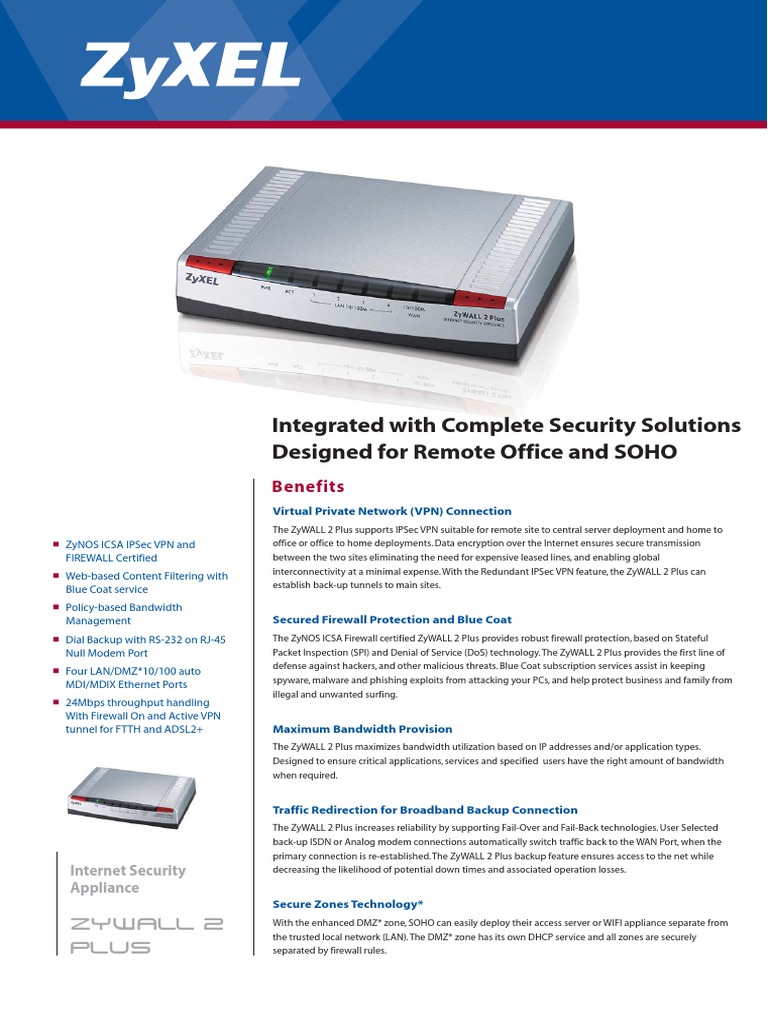 ZyWALL 2 Plus DataSheet PDF | PDF | Virtual Private Network | Firewall (Computing)