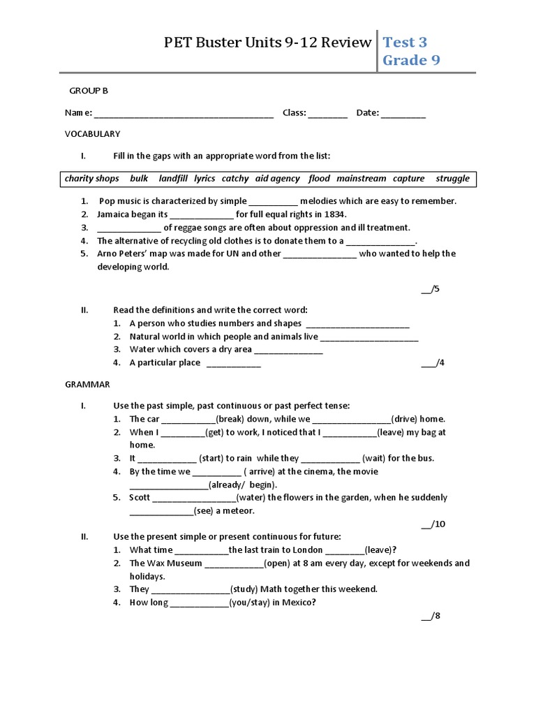 PET Buster Units 9-12 Review: Test 3 Grade 9 | PDF | Linguistics