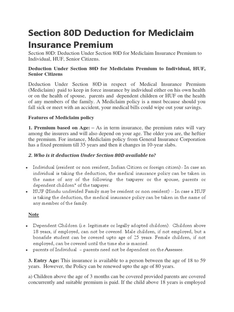 Section 80D Deduction For Mediclaim Insurance Premium | PDF | Tax ...