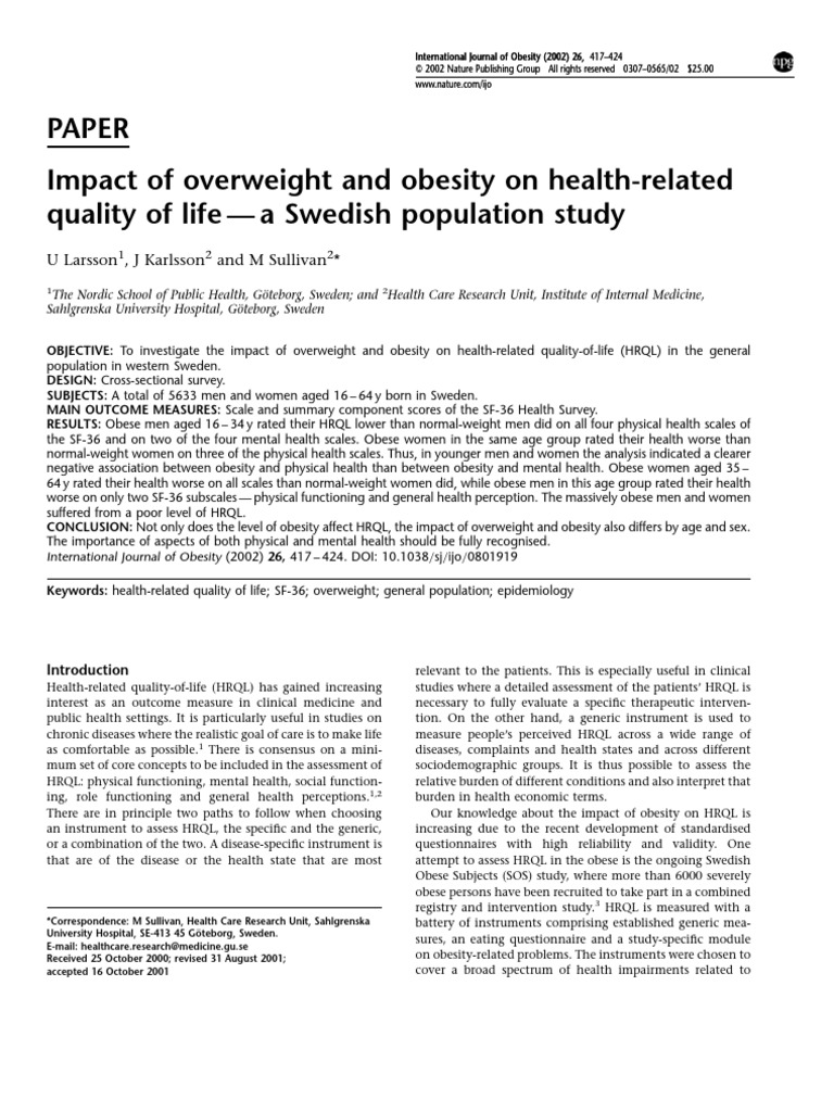 Paper Impact of Overweight and Obesity On Health-Related Quality of ...