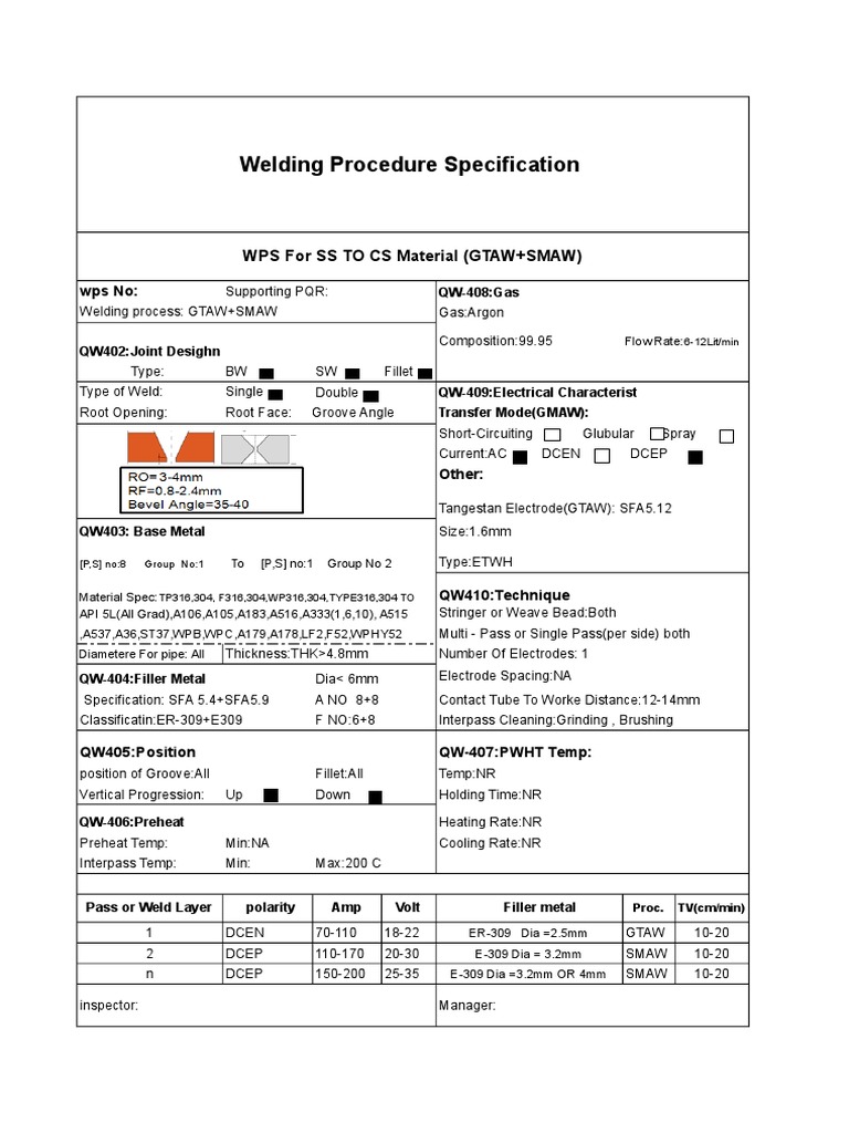 Welding Procedure Specification: Wps For Ss To Cs Material (Gtaw+Smaw ...