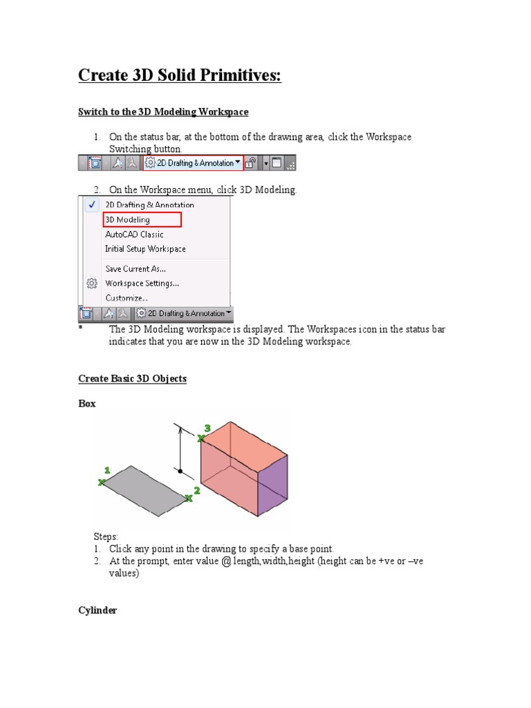 Create 3D Solid Primitives:: Switch To The 3D Modeling Workspace | PDF