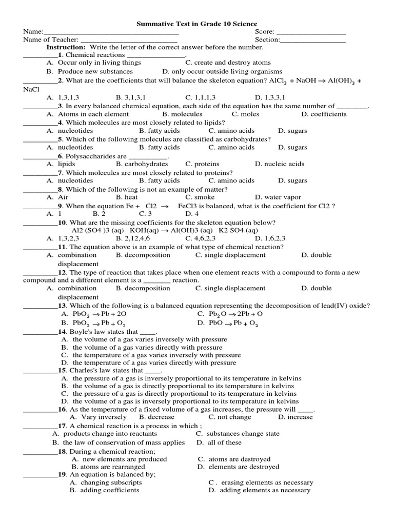 Summative Test in Grade 10 Science | PDF | Gases | Chemical Reactions