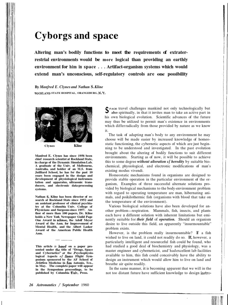 Cyborgs and Space by Manfred E. Clynes and Nathan S. Kline | PDF ...
