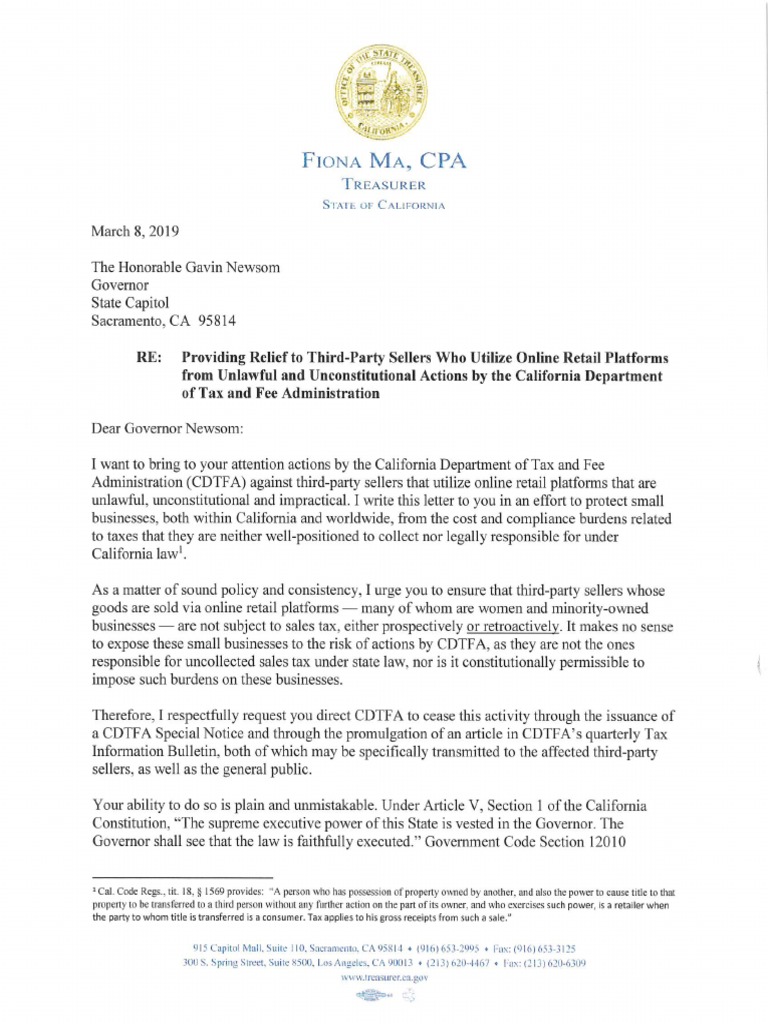 Letter to Gov Newsom Re CDTFA Outreach to FBA Users
