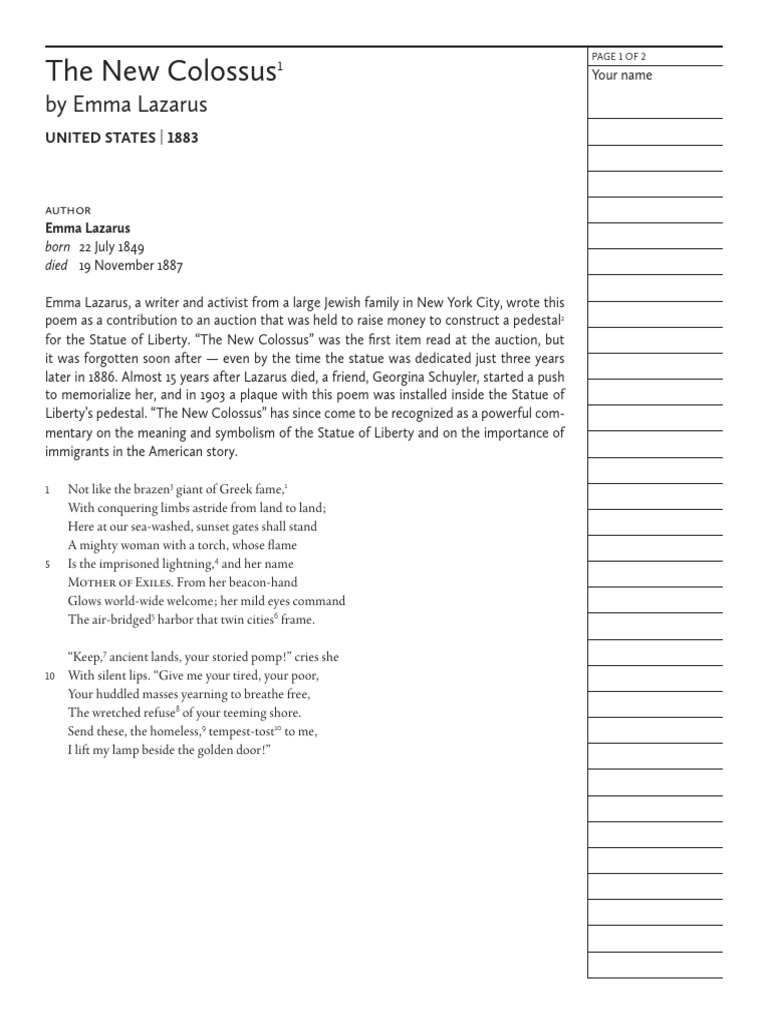 Emma Lazarus: The New Colossus (United States - 1883) | PDF | Stanzaic ...