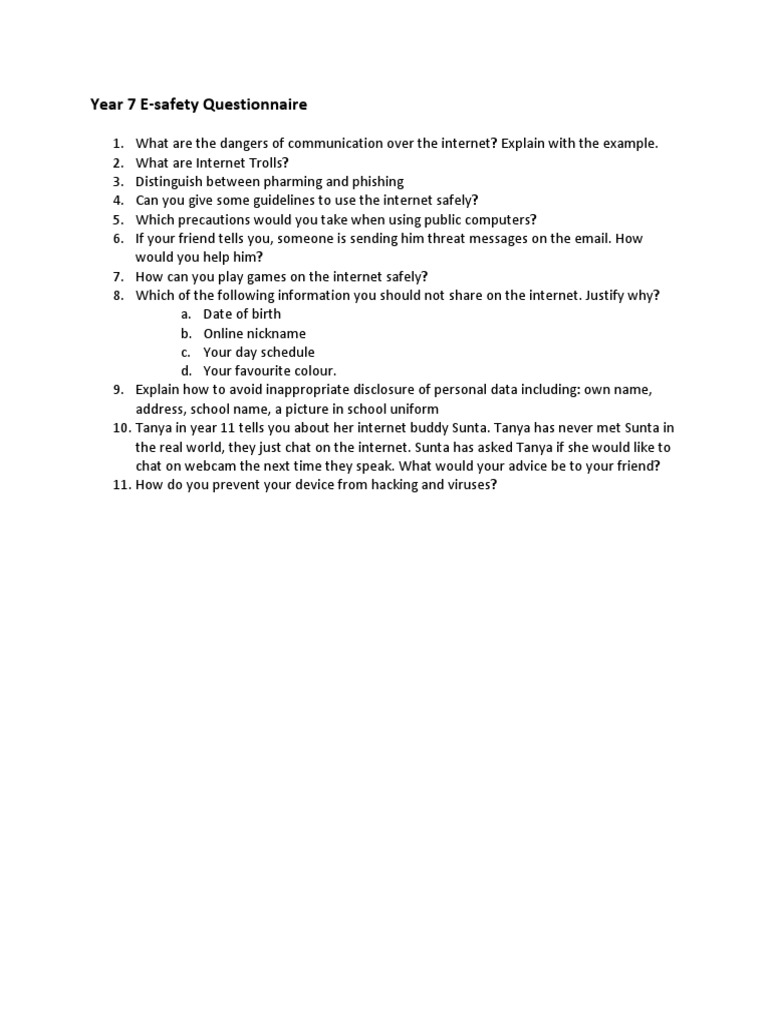 Year 7 E-Safety Questionnaire | PDF
