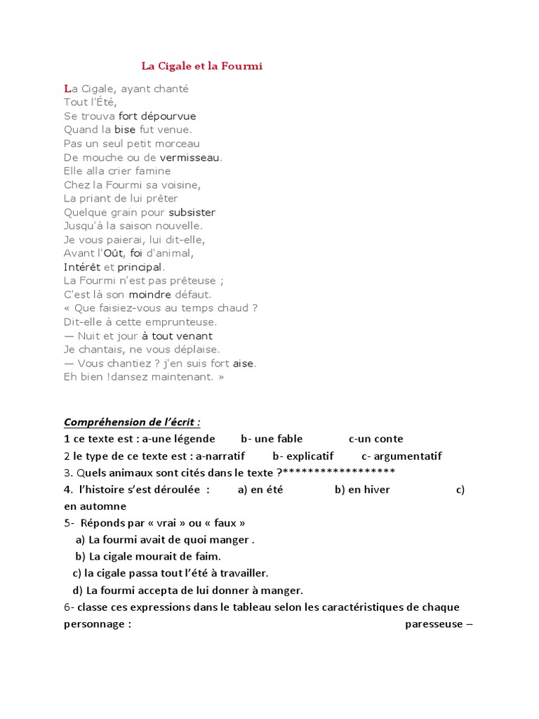 La Cigale Et La Fourmi | PDF | Arts du langage et discipline | Poésie