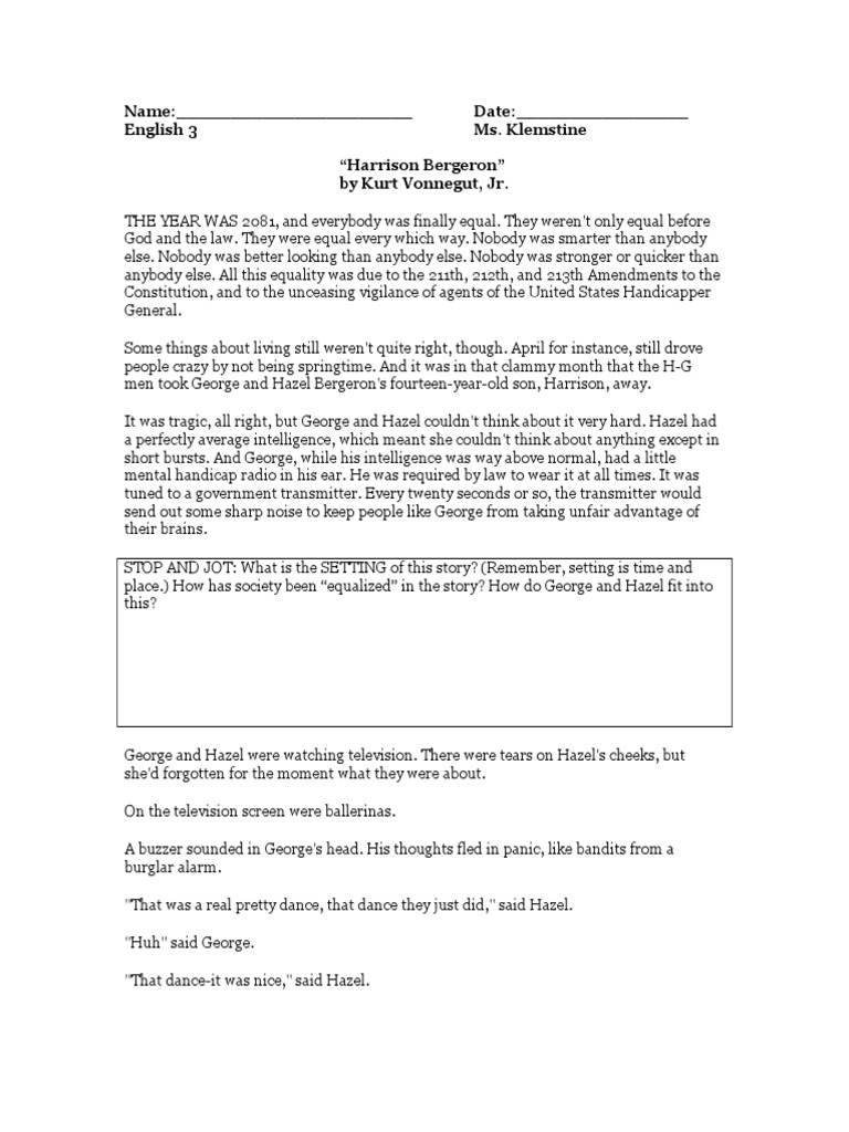 Harrison Bergeron Complete Story With Questions and Activities | PDF