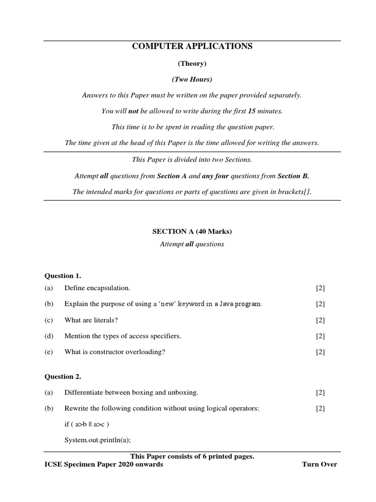 Computer Applications Specimen 2020 | PDF | C (Programming Language ...
