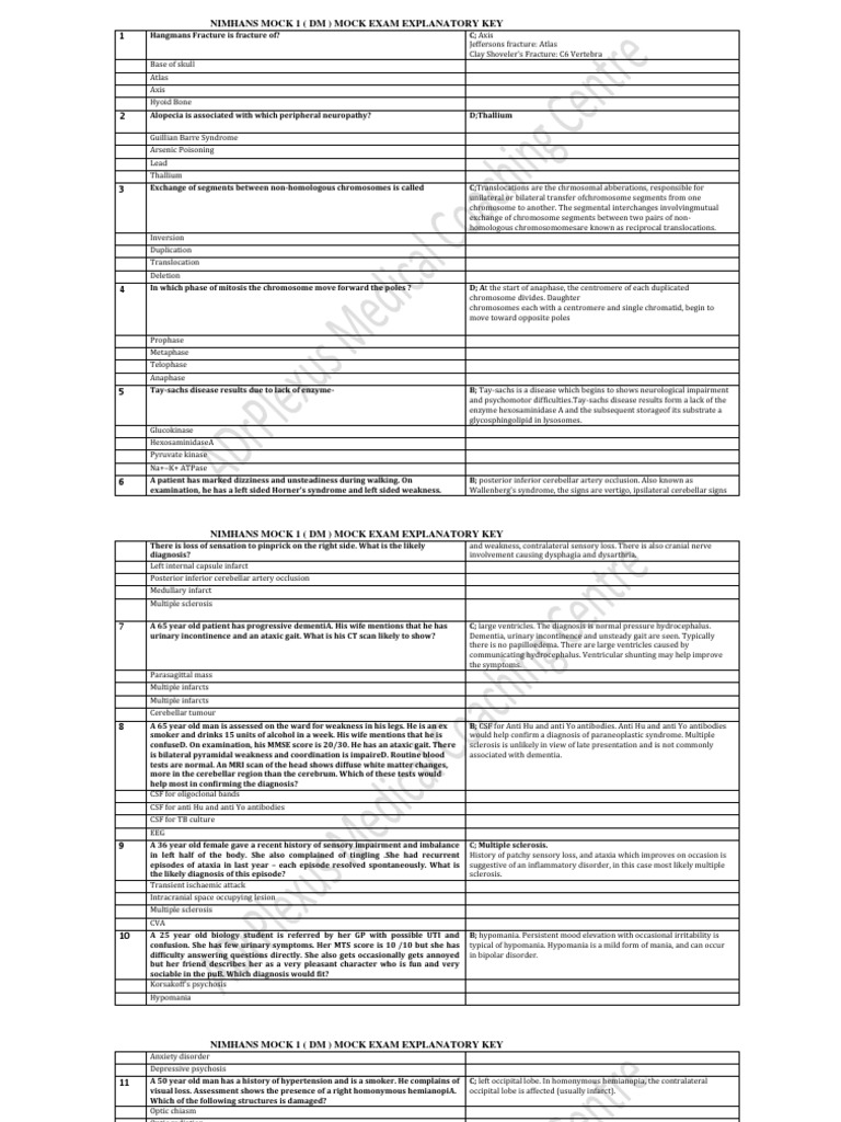 Nimhans Mock 1 (DM) Mock Exam Explanatory Key | PDF | Brain Tumor ...