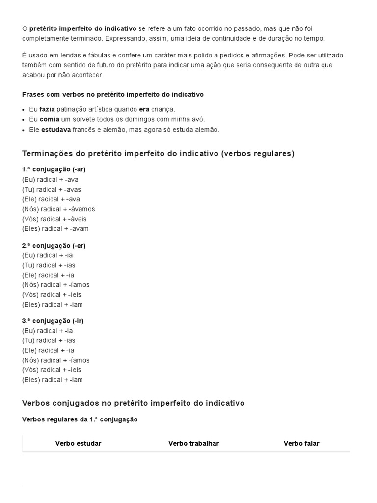 Pretérito Imperfeito Do Indicativo - Conjugação de Verbos | PDF ...