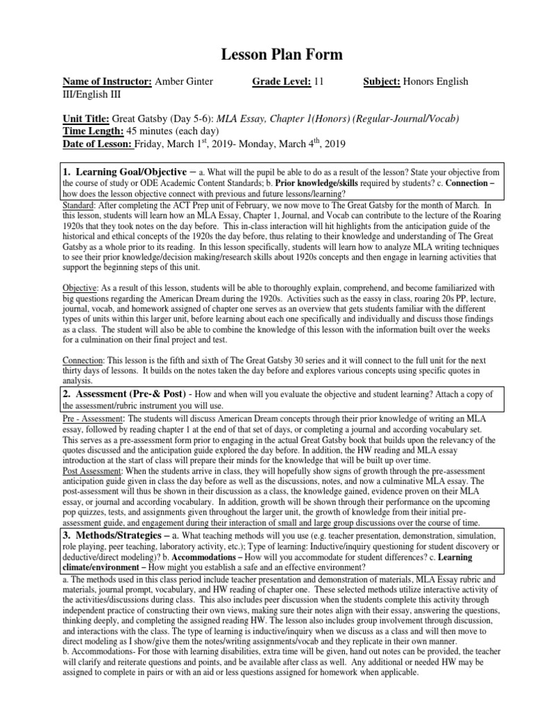 Great Gatsby Lesson Plan: MLA Essay Focus | PDF | Vocabulary | Information