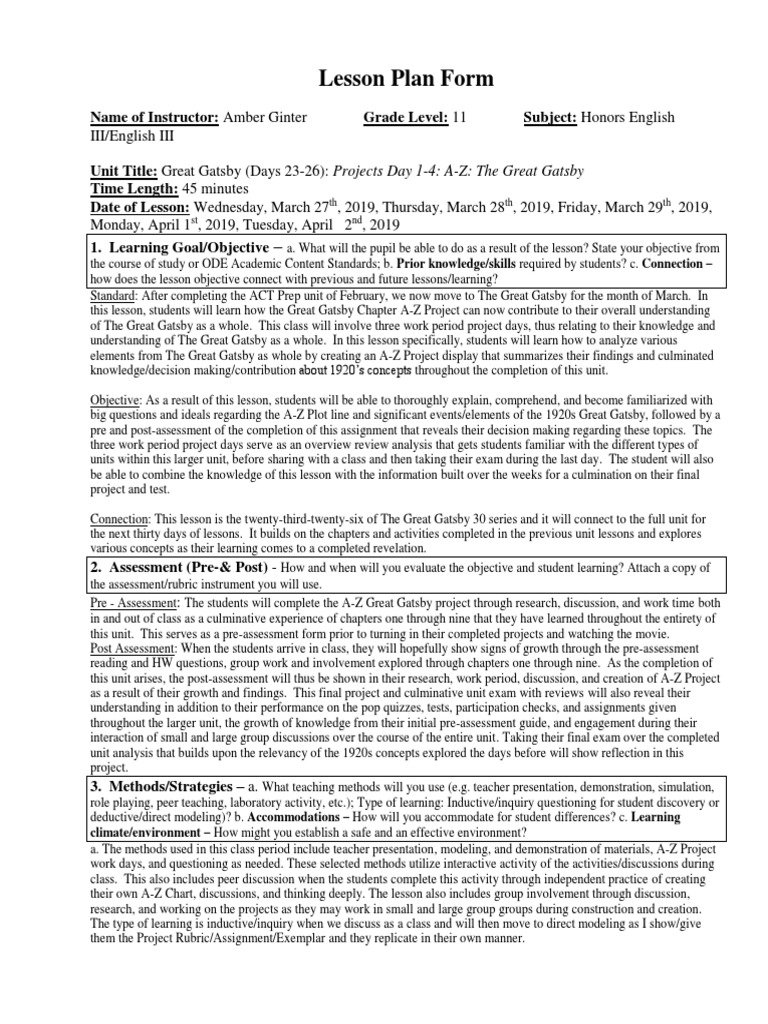 Great Gatsby A-Z Project Lesson Plan | PDF | Word | Teachers