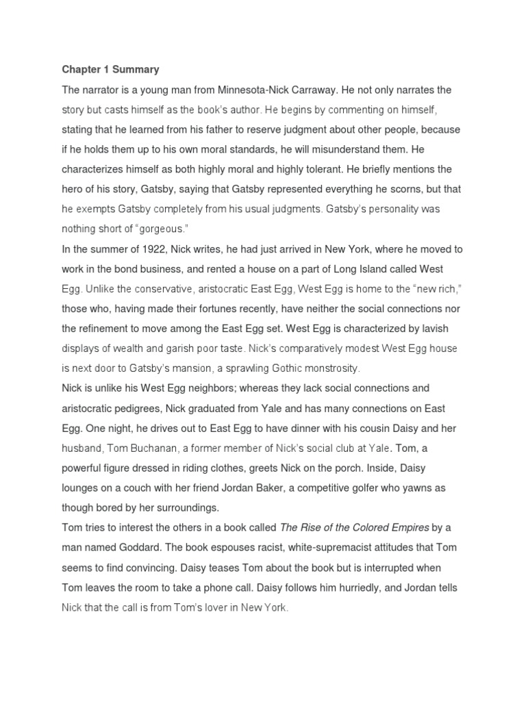 The Great Gatsby Chapter 1 Teacher Notes Summary | PDF | The Great Gatsby