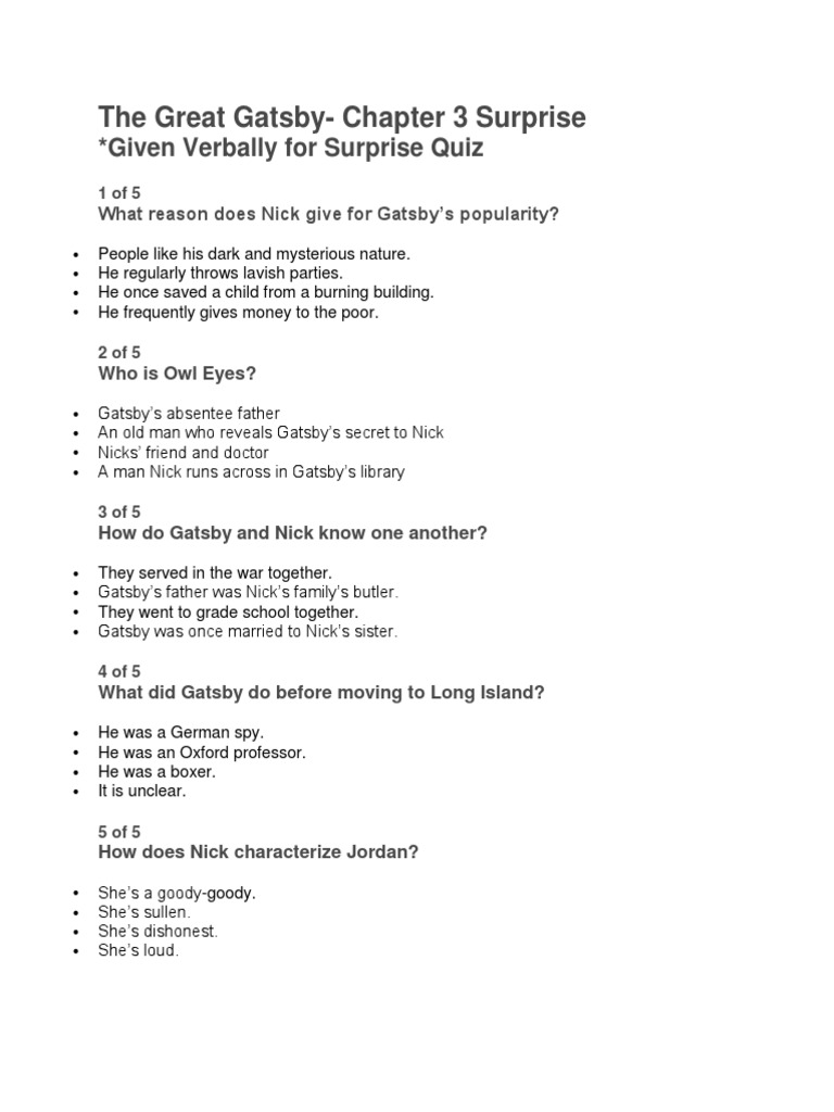 The Great Gatsby Chapter 3 Surprise Quiz | PDF