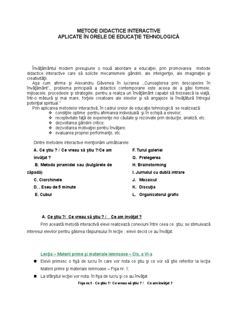 Metode Didactice Interactive La Educatia Tehnologica | PDF