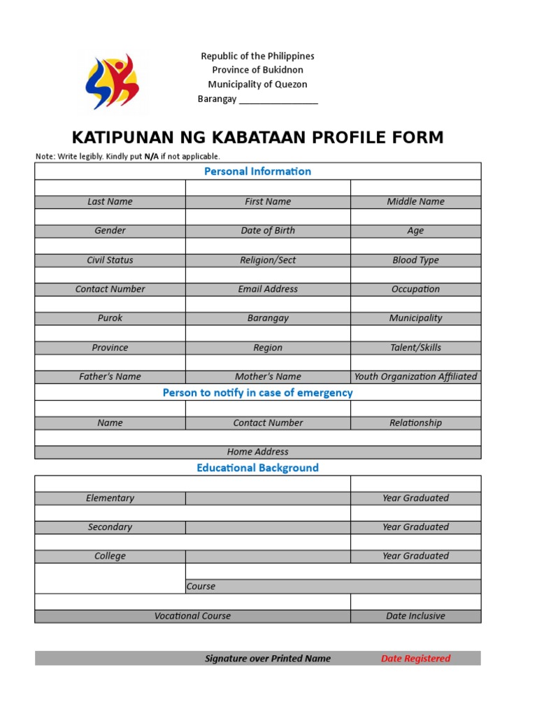 Katipunan NG Kabataan Profile Form: Personal Information | PDF
