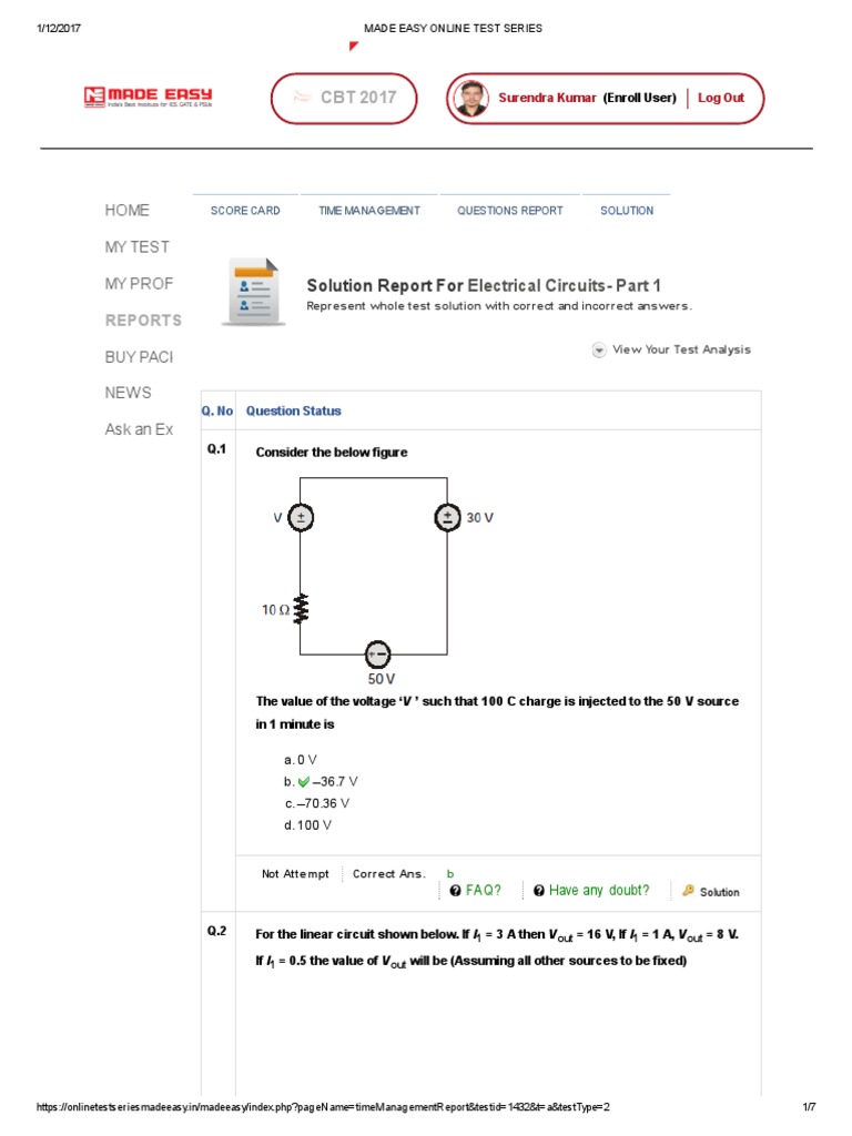 Solution Report For: Home My Test My Profile | PDF | Electrical Network ...