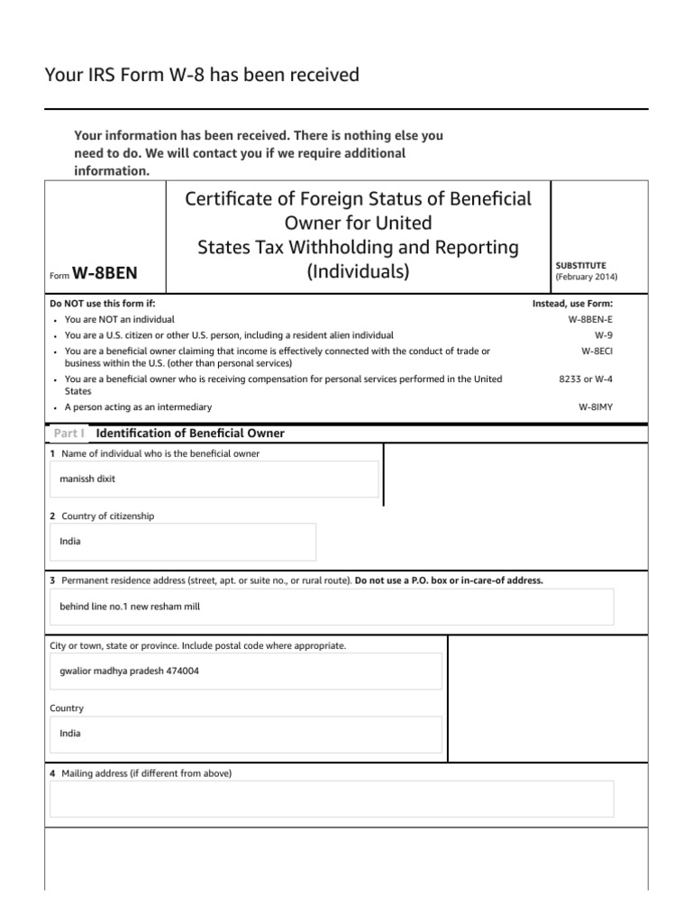 Confirmation of Receipt of IRS Form W-8BEN for Manissh Dixit | PDF ...