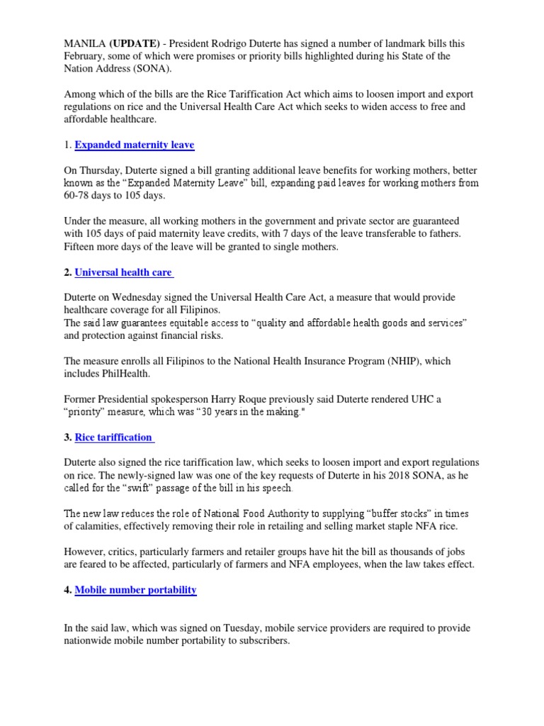 Expanded Maternity Leave | PDF | Universal Health Care | Rodrigo Duterte