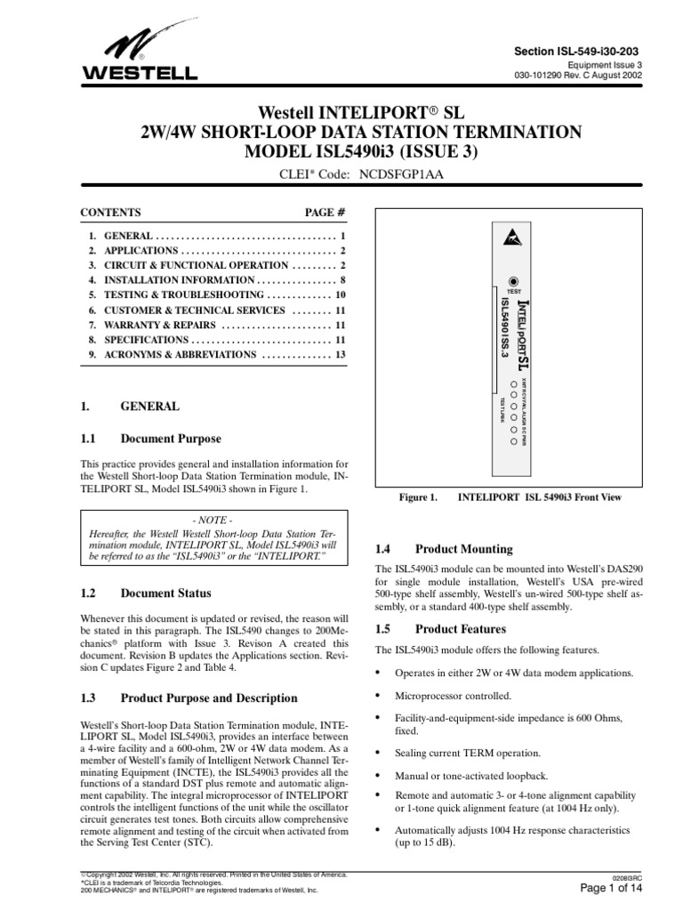 Westell Inteliportr SL 2W/4W Shortćloop Data Station Termination MODEL ...
