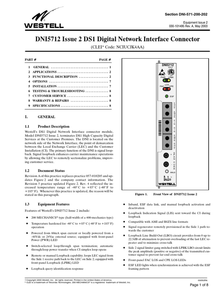 DNI5712 Issue 2 DS1 Digital Network Interface Connector: (CLEI Code ...