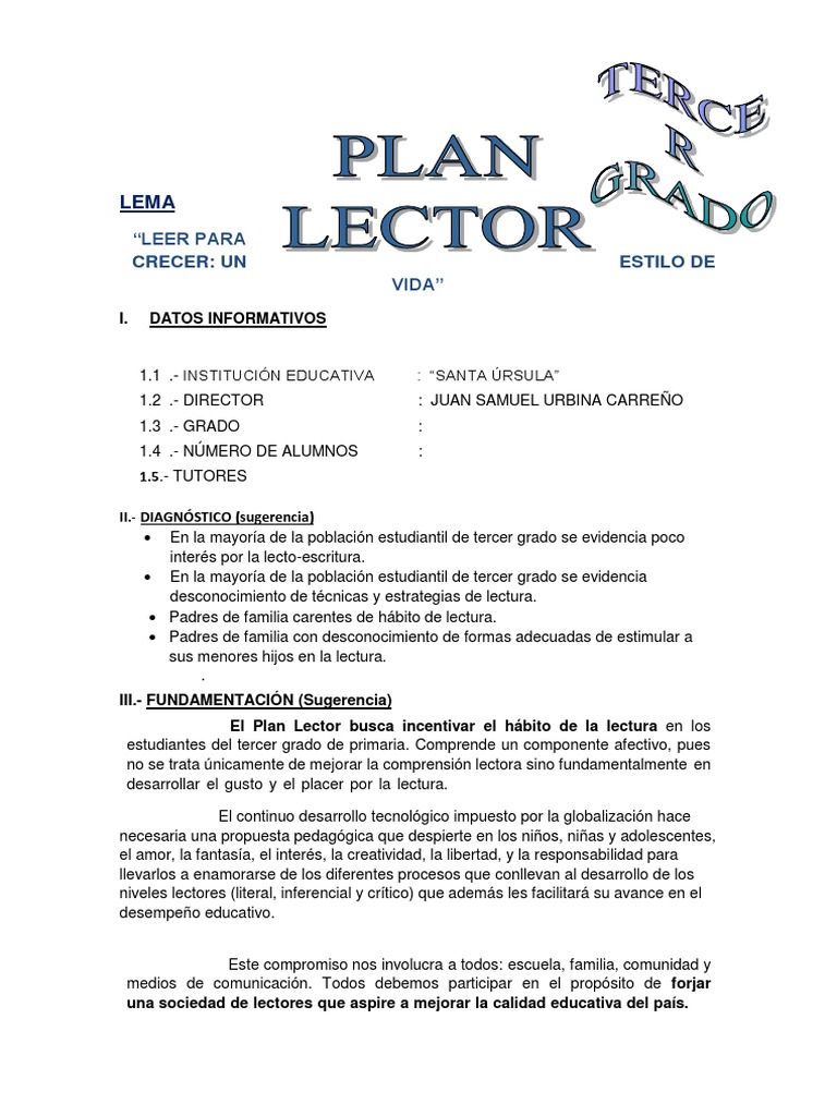 Formato Plan Lector 2019 | PDF | Salón de clases | Maestros