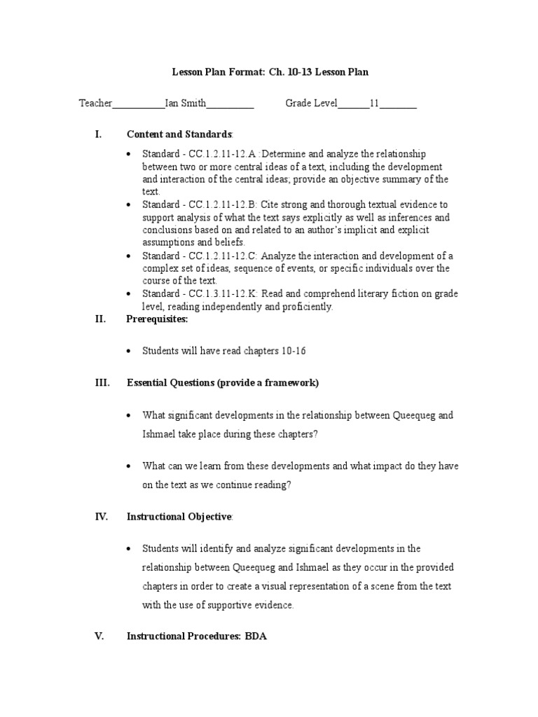 Lesson Plan Format: Ch. 10-13 Lesson Plan | PDF | Ishmael (Moby Dick ...