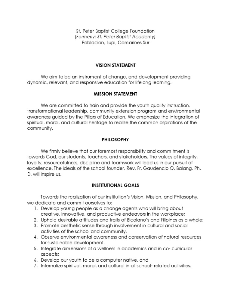 Vision, Mission, Philosophy, and Institutional Goals | PDF
