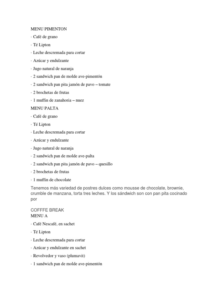 Modelo de Menu Pimenton | PDF | Postres | Alimentos
