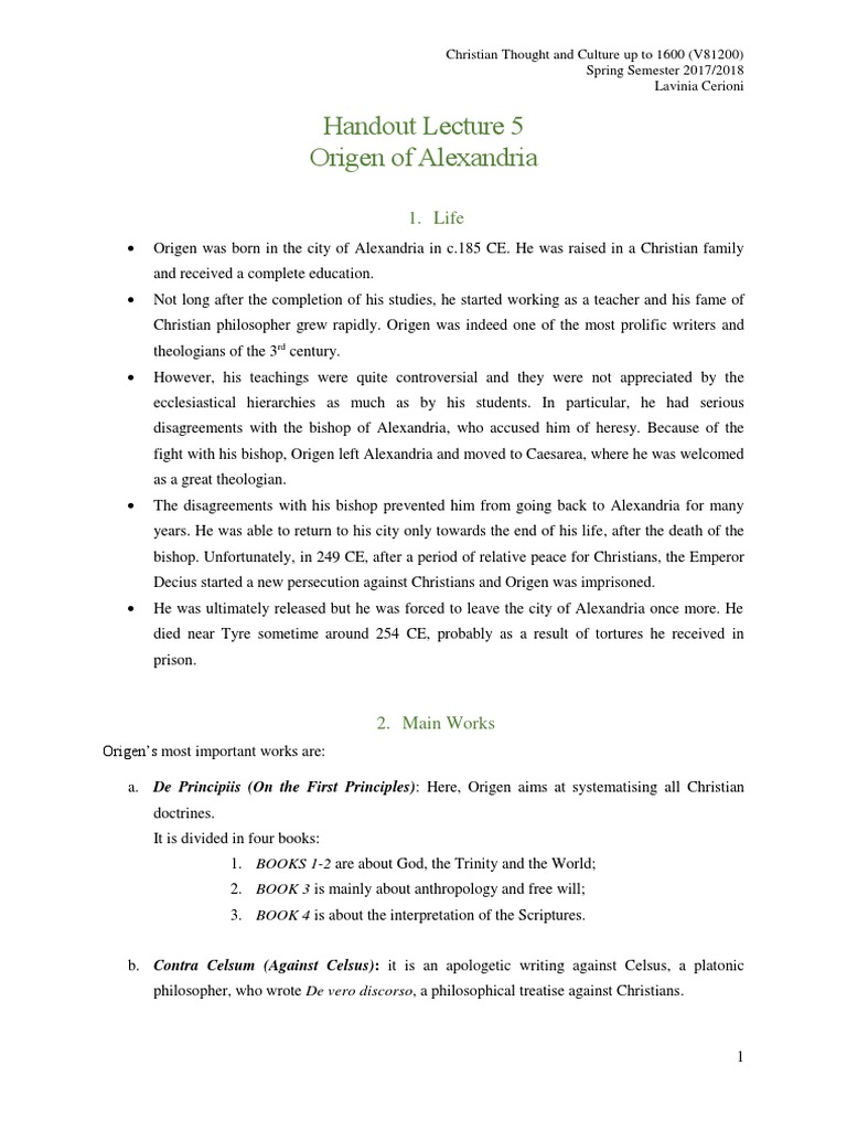 Handout Lecture 5 (V81200) 20172018 - Complete | PDF | Origen | Trinity
