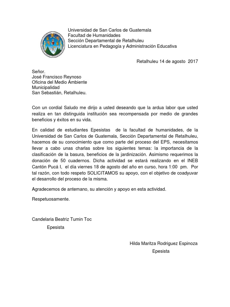 Universidad de San Carlos de Guatemal Carta para Solicitar Charla | PDF