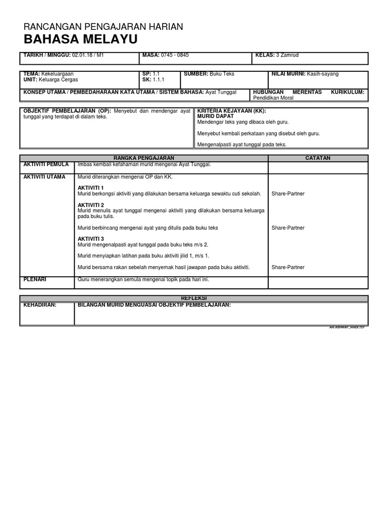 Contoh RPH BM Tahun 3 Minggu 1/1 | PDF
