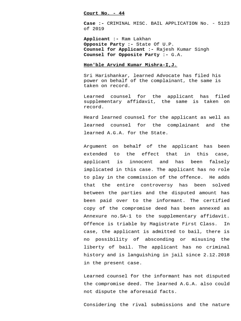Court No. - 44 Case:-Criminal Misc. Bail Application No. - 5123 | PDF