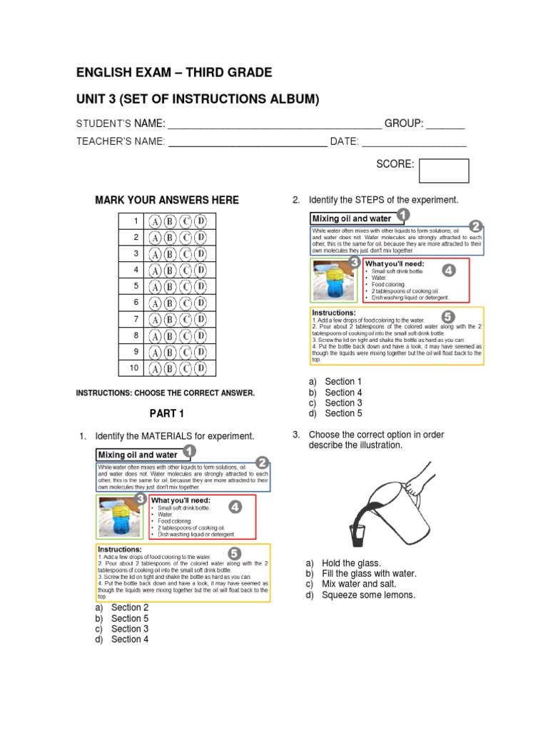 English Exam - Third Grade Unit 3 (Set of Instructions Album) | PDF ...