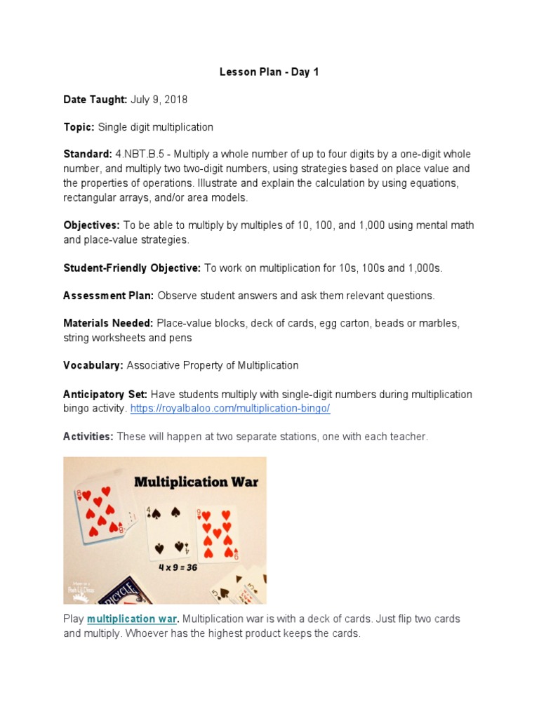 Lesson Plans | PDF | Multiplication | Lesson Plan