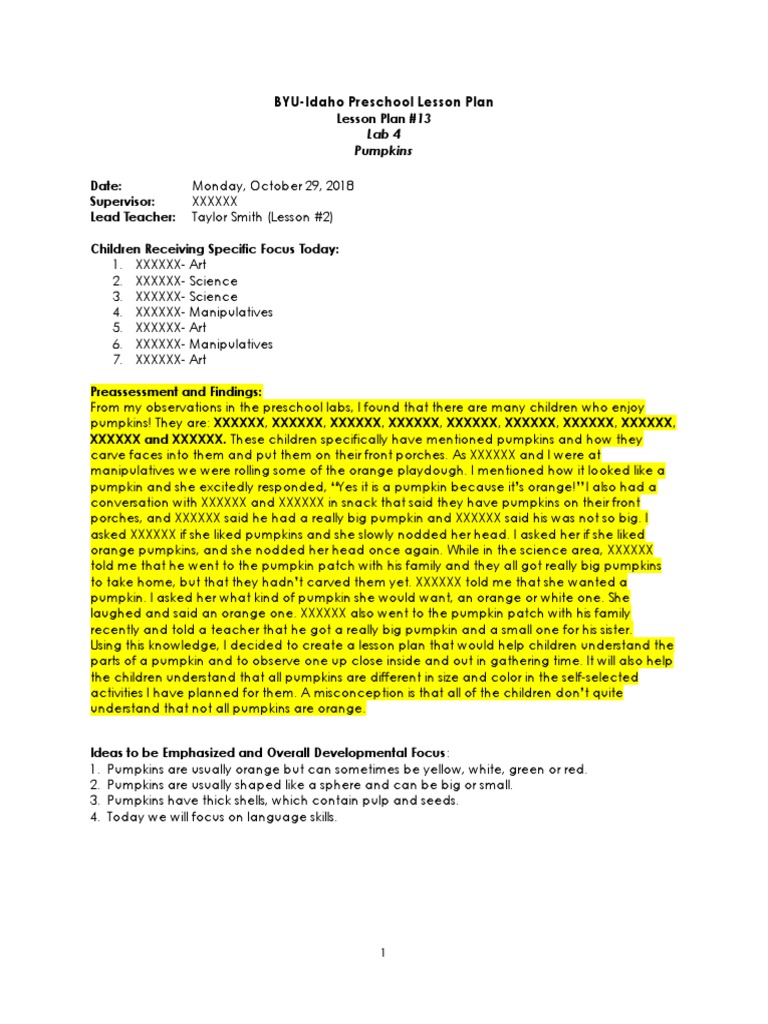 BYU-Idaho Preschool Lesson Plan: Lab 4 Pumpkins | PDF | Nature