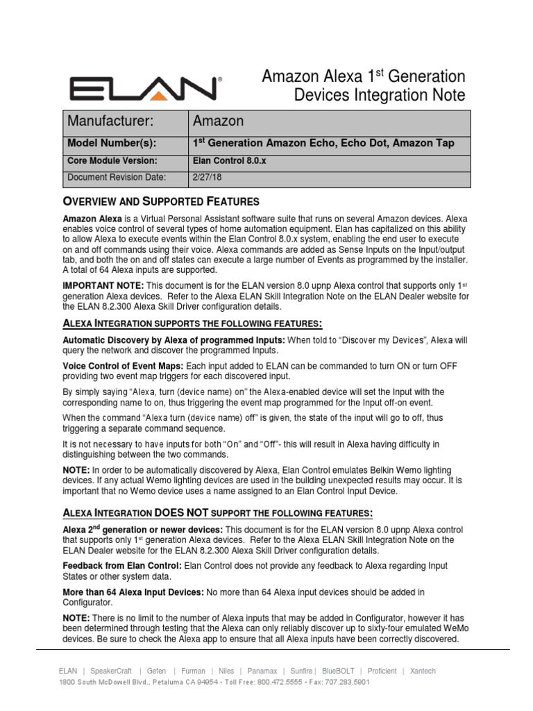 Amazon Alexa 1 Generation Devices Integration Note | PDF | Amazon Echo | Computing