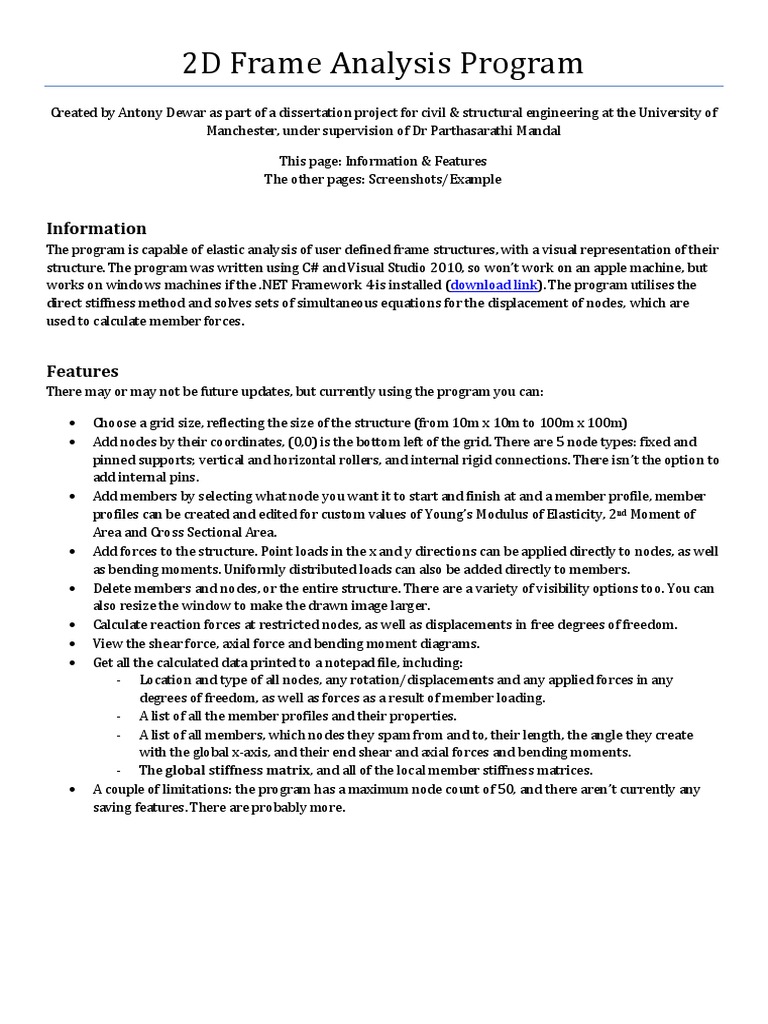 2D Frame Analysis Program: Information | PDF | Stiffness | Bending