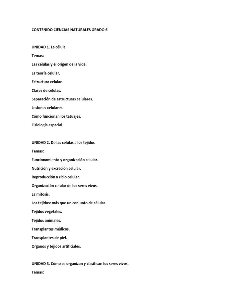 Contenido Ciencias Naturales Grado 6 | PDF