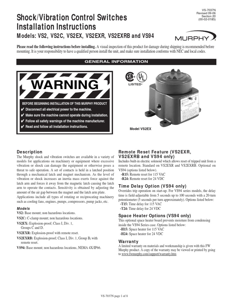 Warning: Shock/Vibration Control Switches Installation Instructions ...
