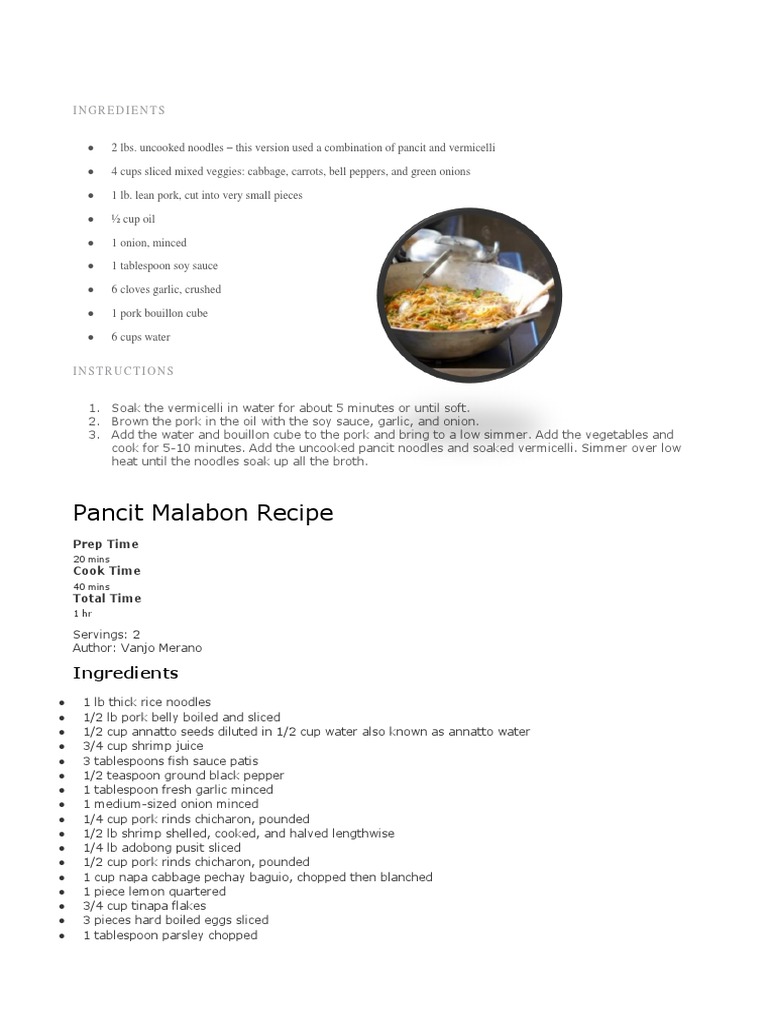 Pancit Malabon Recipe: Ingredients | PDF | Cuisine | Cooking