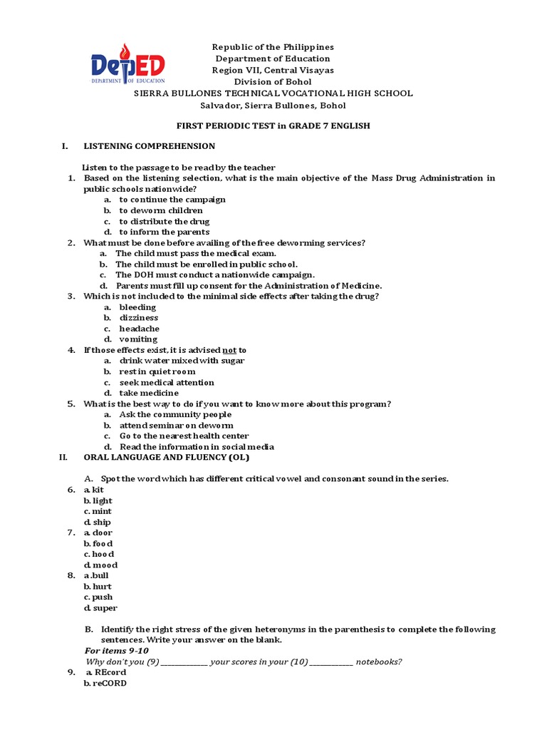 First Quarter Exam in TD 7 | PDF | Subject (Grammar) | Linguistics